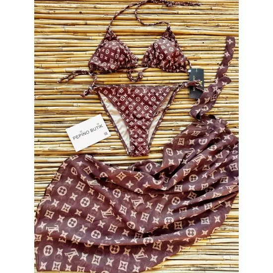 Lw Kahve Bikini Pareo Havlu ve Sprey Set
